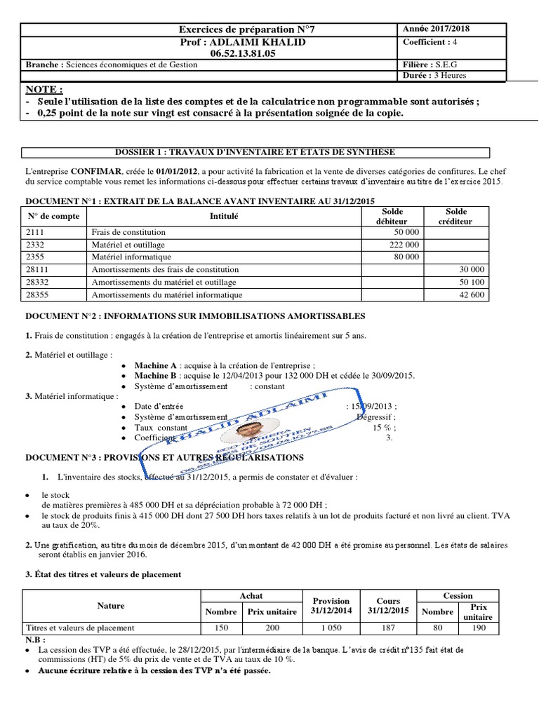 Inventaire comptable CONFIMAR 2015 | PDF