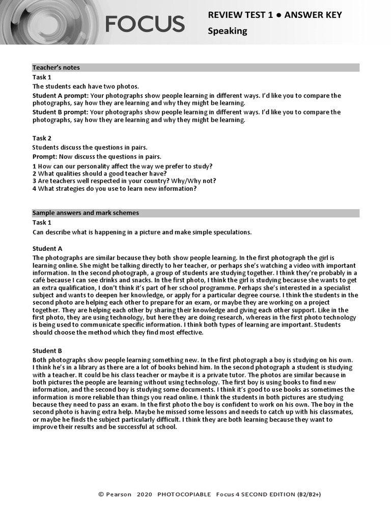 Focus4 2E Review Test 1 Units1 2 Speaking GroupA B ANSWERS | PDF