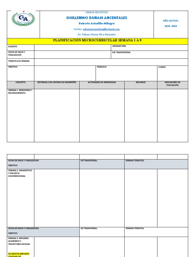 Formato Planificacion 9 Semanas | PDF | Evaluación | Enseñando