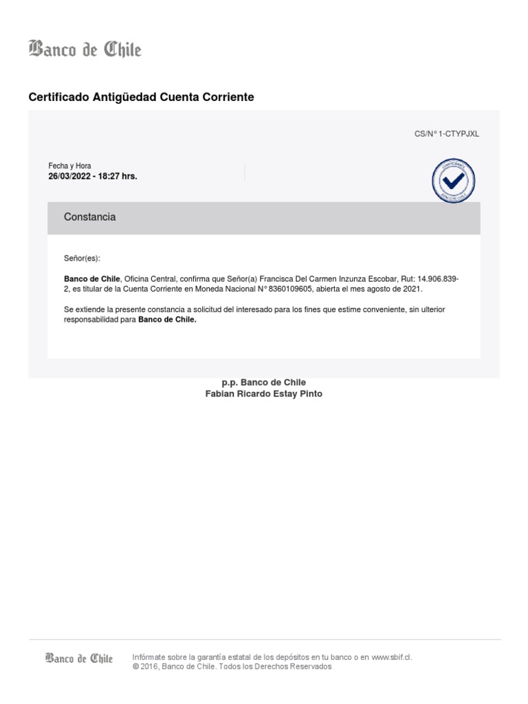 Certificado de Antigüedad de Cuenta Corriente. | PDF