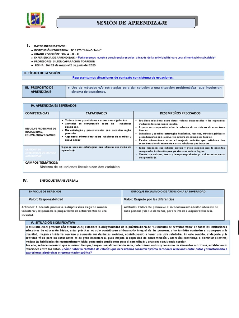 Sesion Sistema Ecuaciones 3° | PDF | Ecuaciones | Aprendizaje