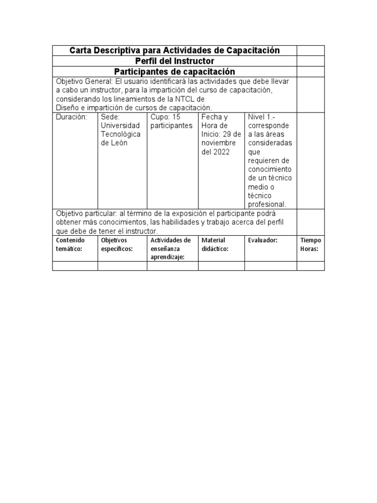 Carta Descriptiva para Actividades de Capacitación | PDF | Enseñando | Evaluación