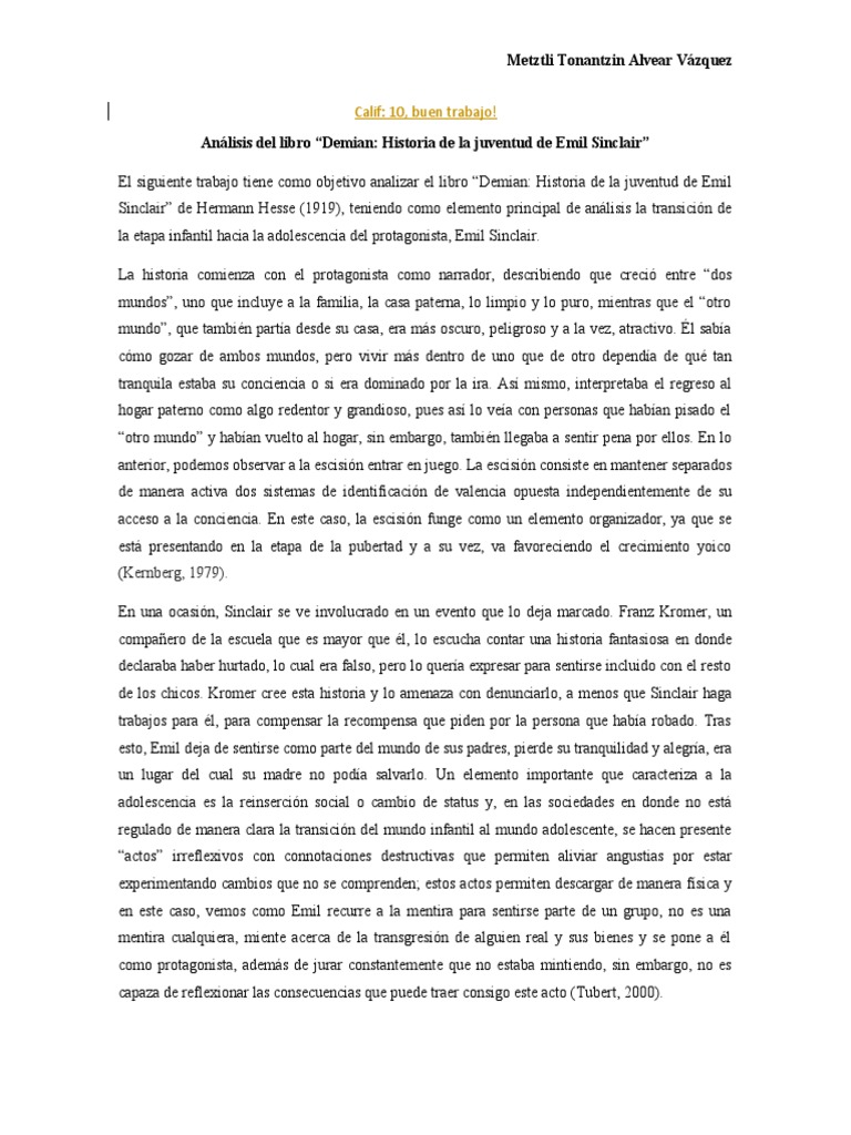 Análisis Del Libro Demian Metz | PDF | Amor | Sicología