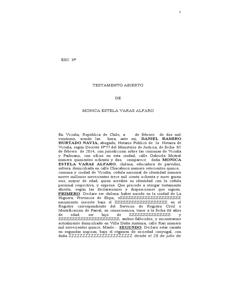 Modelo de Testamento Abierto en Chile | PDF | Derecho