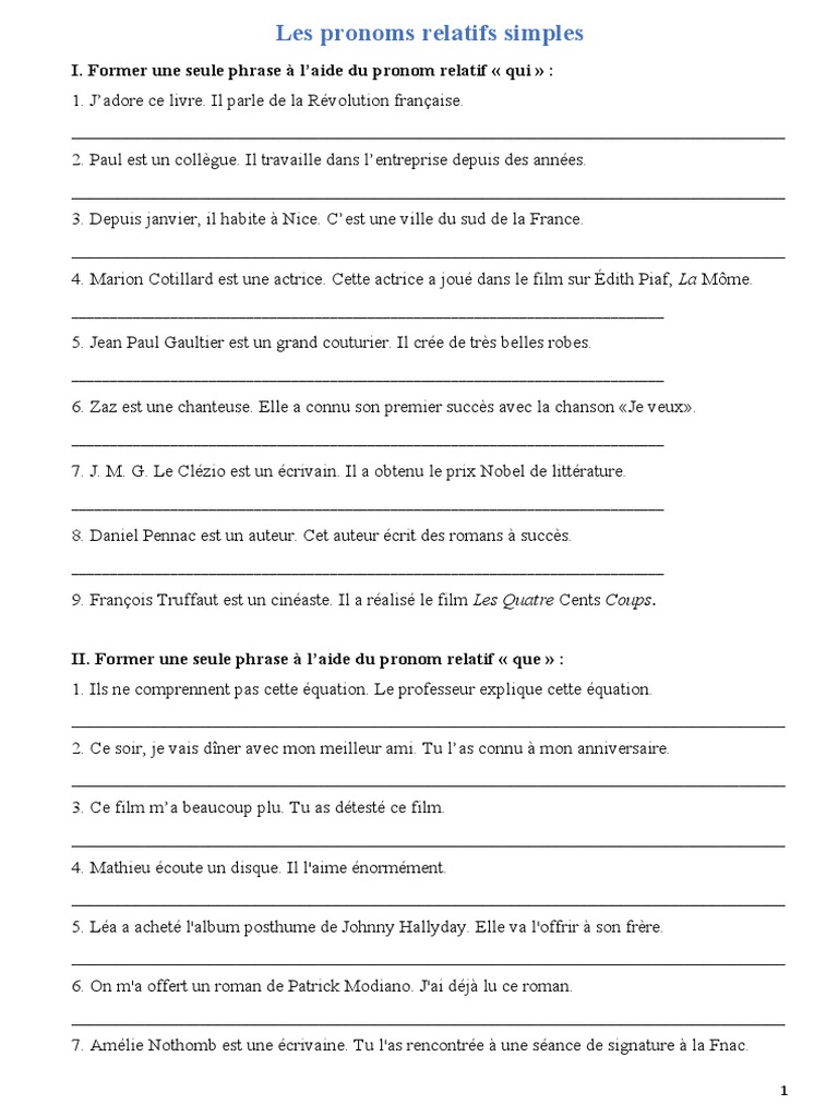 Les pronoms relatifs simples | PDF