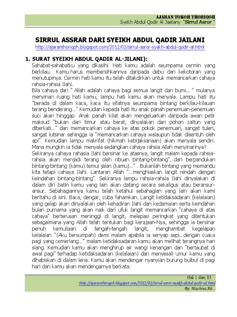 Sirrul Assrar Dari Syeikh Abdul Qadir Jailani | PDF