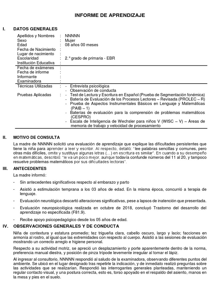 Ejemplo de Informe Aprendizaje | PDF | Aprendizaje | Sílaba