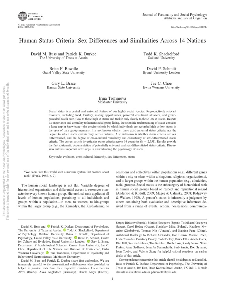 Human Status Criteria Sex Differences And Similarities Across 14 Nations Pdf 
