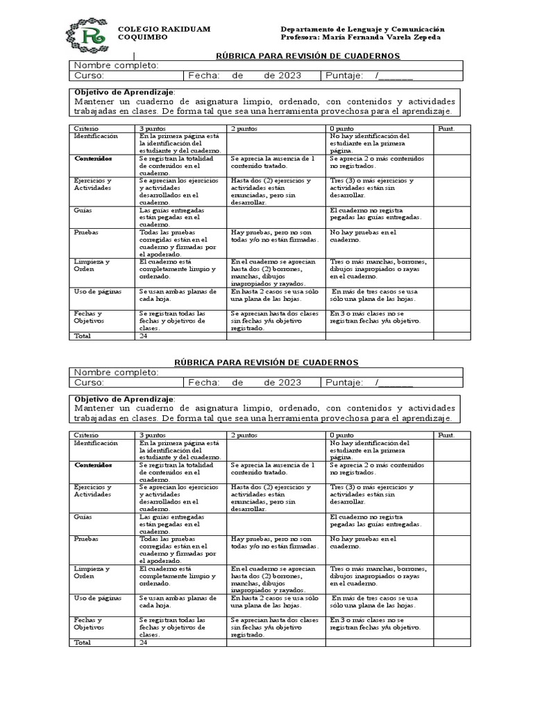 Rúbrica para Revisión de Cuadernos | PDF | Cuaderno