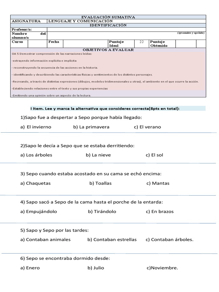 Evaluación de "Sapo y Sepo Inseparables" | PDF