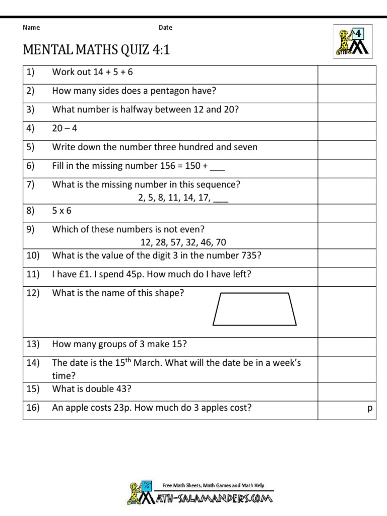 Mental Maths Year 4 1 | PDF