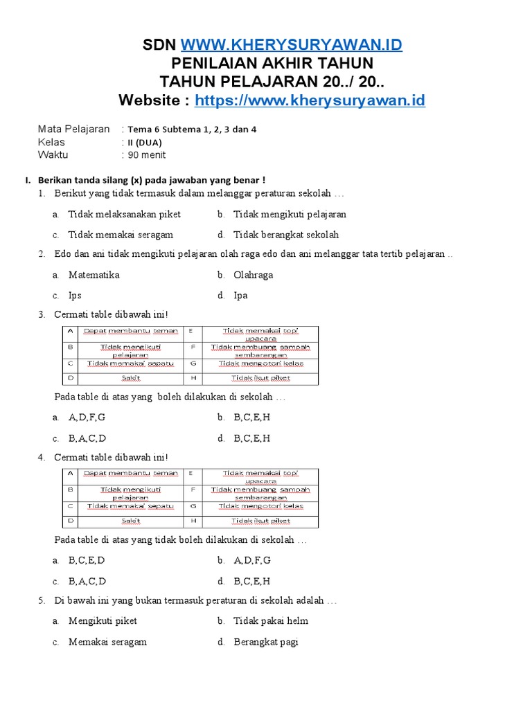 Soal&jawaban PAT Kelas 2 Tema 6 - WWW - Kherysuryawan.id | PDF | Seni & Disiplin Bahasa
