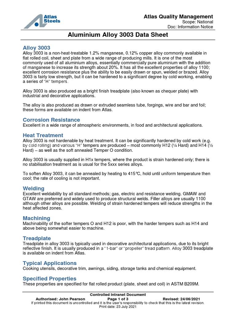 Aluminium Alloy 3003 Data Sheet 24 06 21 | PDF | Alloy | Sheet Metal