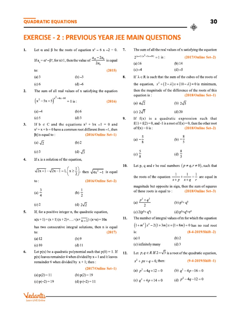 Quadratic JEE Advanced Assignment | PDF