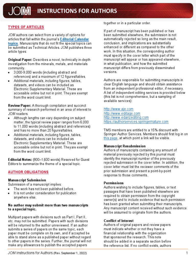 JOM Instructions For Authors - Sept 1 2022 | PDF | Citation | Academic ...