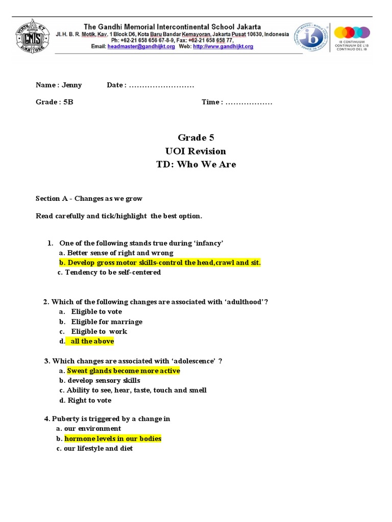 Grade 5 UOI Assessment May 2022 | PDF | Puberty | Psychology