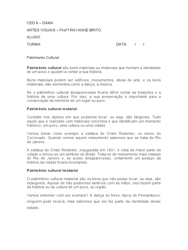 Ced 8 - Gama Artes Visuais - Prof. Rayanne Brito Aluno: Turma: Data ...