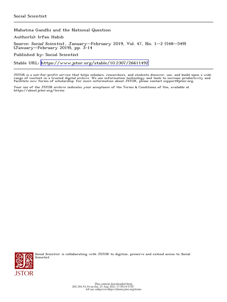 Irfan Habib Mahatma Gandhi and The National Question | PDF