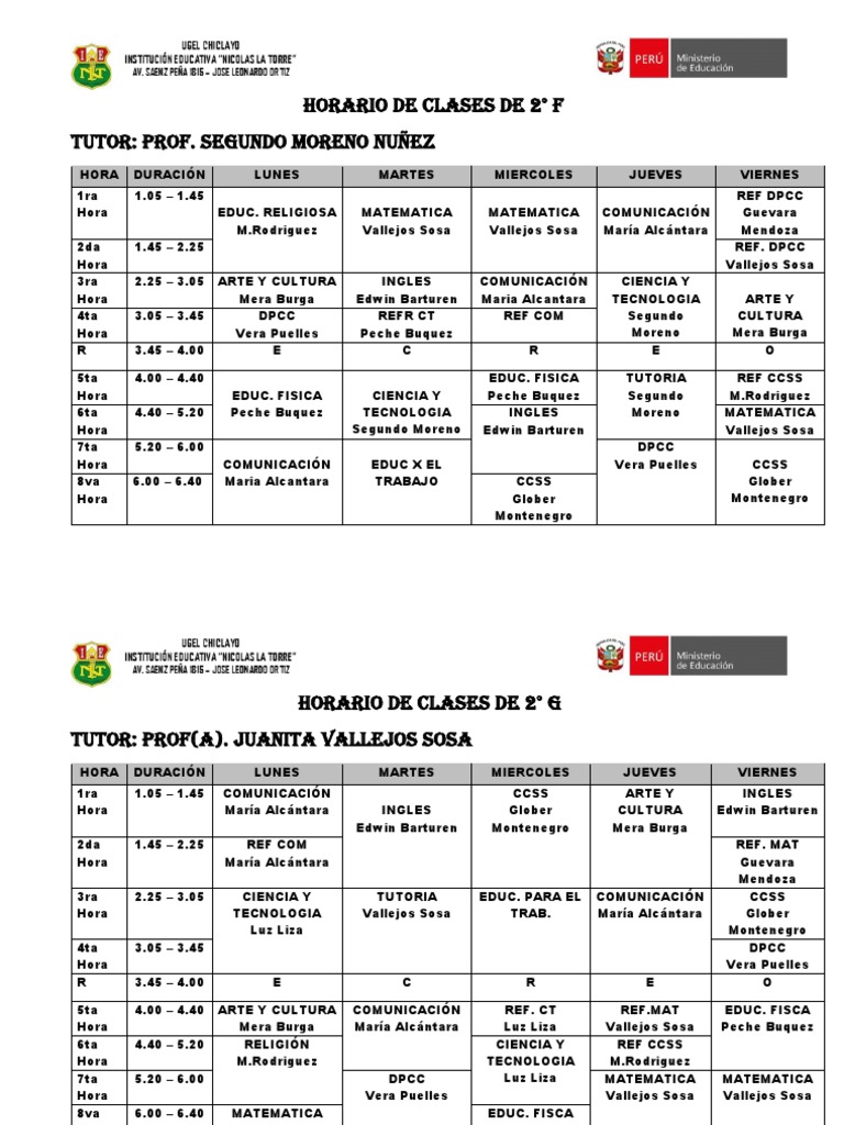 Horario Clases 2° F y 2° G 2023 | PDF