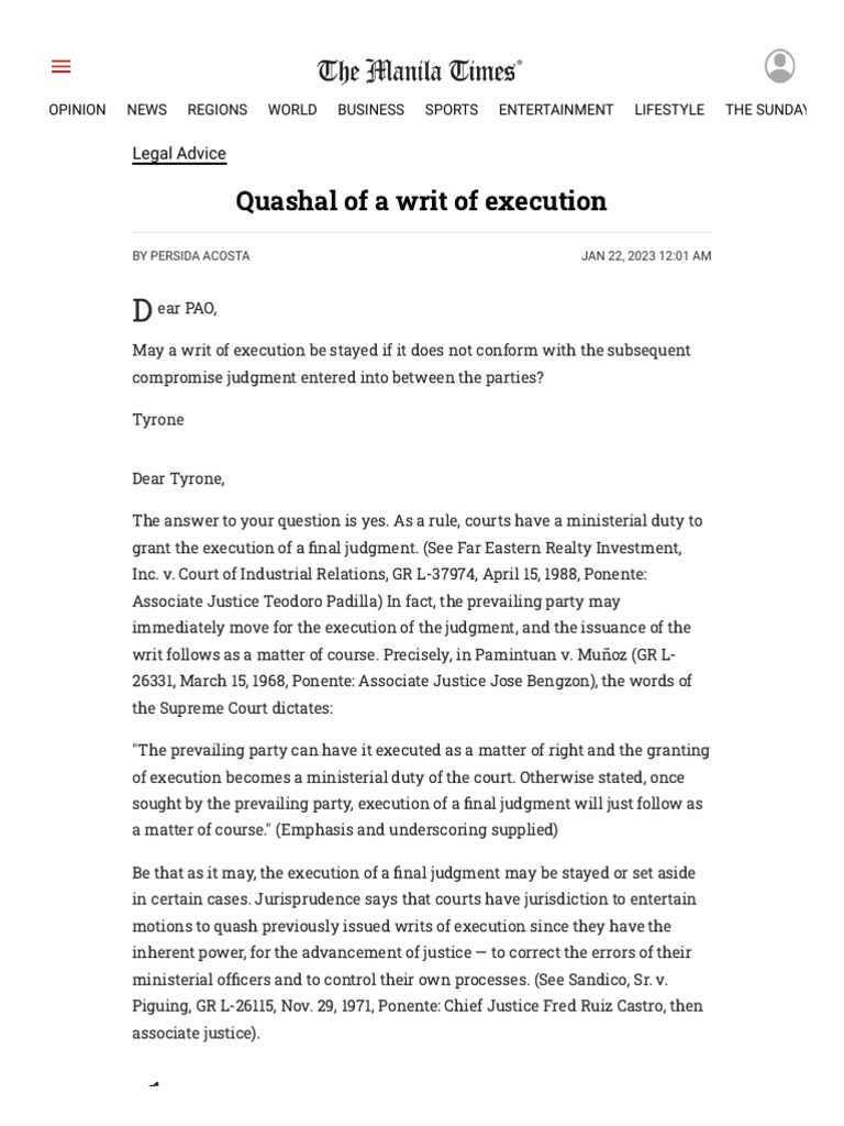 Quashal of A Writ of Execution | PDF