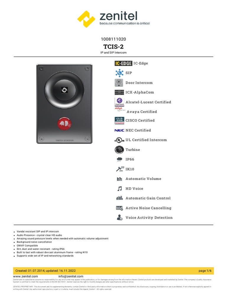 Zenitel TCIS 2 - 1008111020 | PDF | Microphone | Session Initiation ...