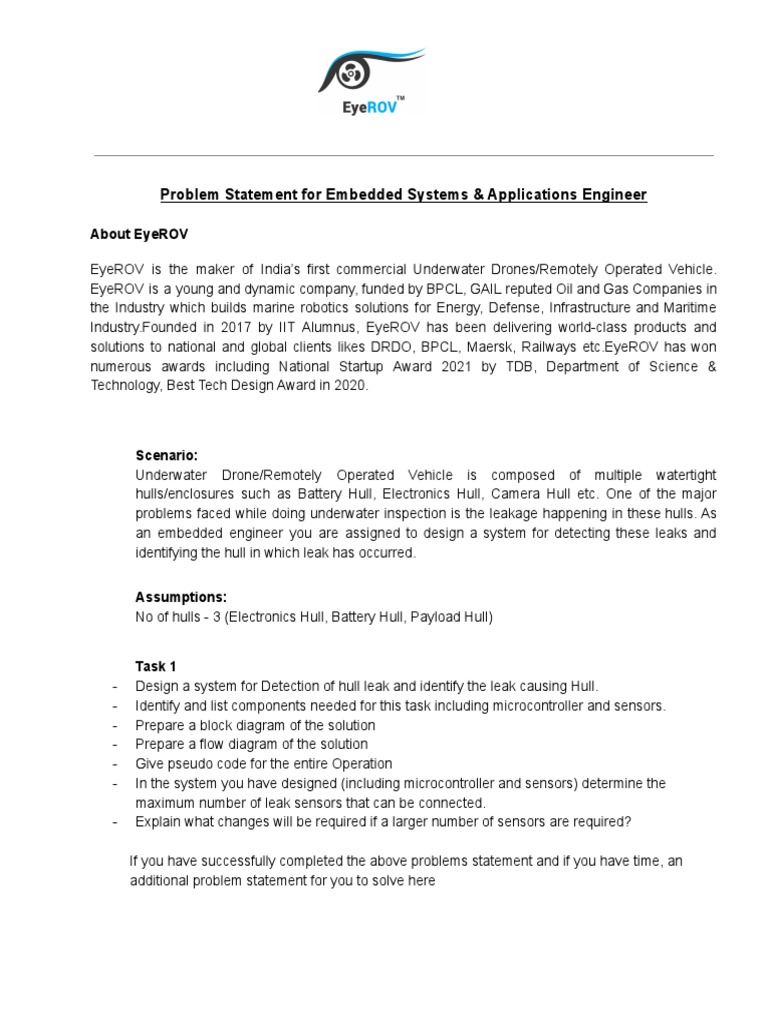 EyeROV Problem Statement - PS 1 Embedded Systems & Applications Engineer | PDF | Leak | Embedded ...