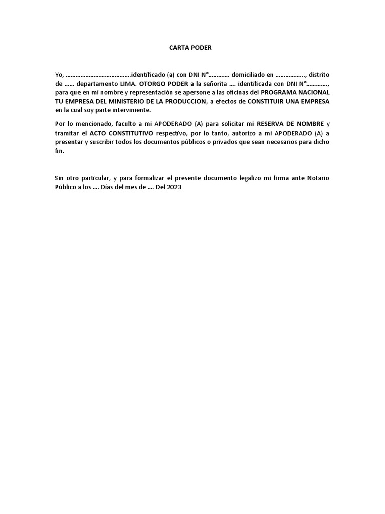 Carta Poder para Constitución de Empresa | PDF