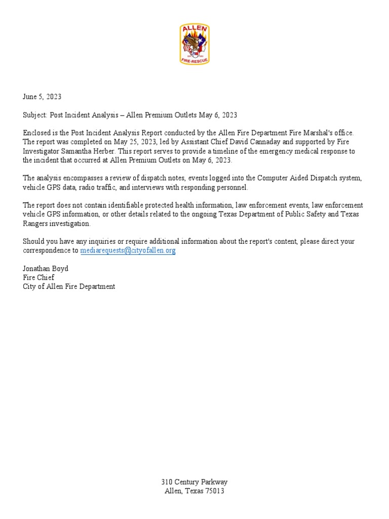 Post-Incident Analysis: Allen Outlets Shooting | PDF | Ambulance ...