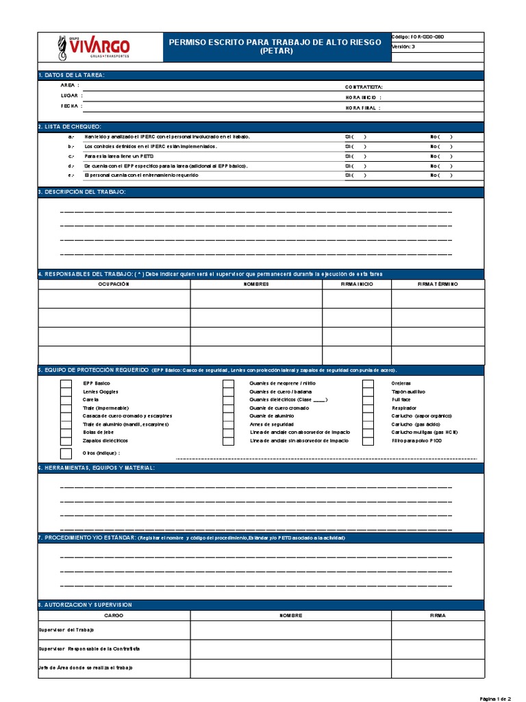 9.-For-SSO-080 Permiso Escrito Para Trabajo de Alto Riesgo (PETAR) | PDF