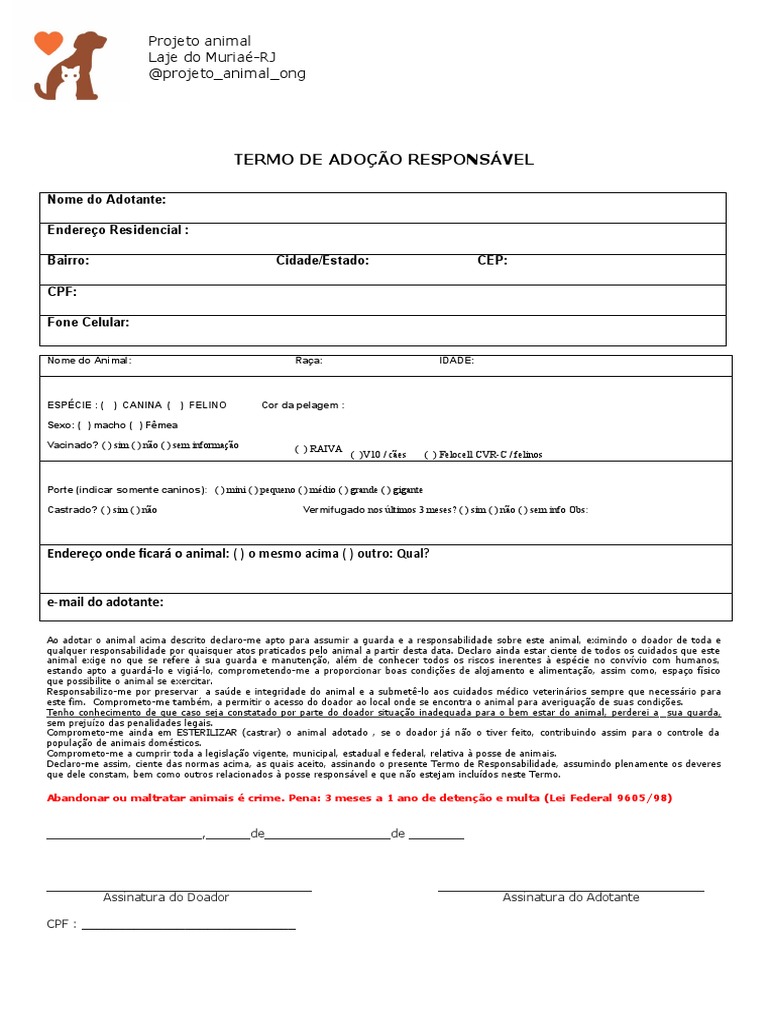 Termo de Adocao para Pet - Modelo | PDF | Cães