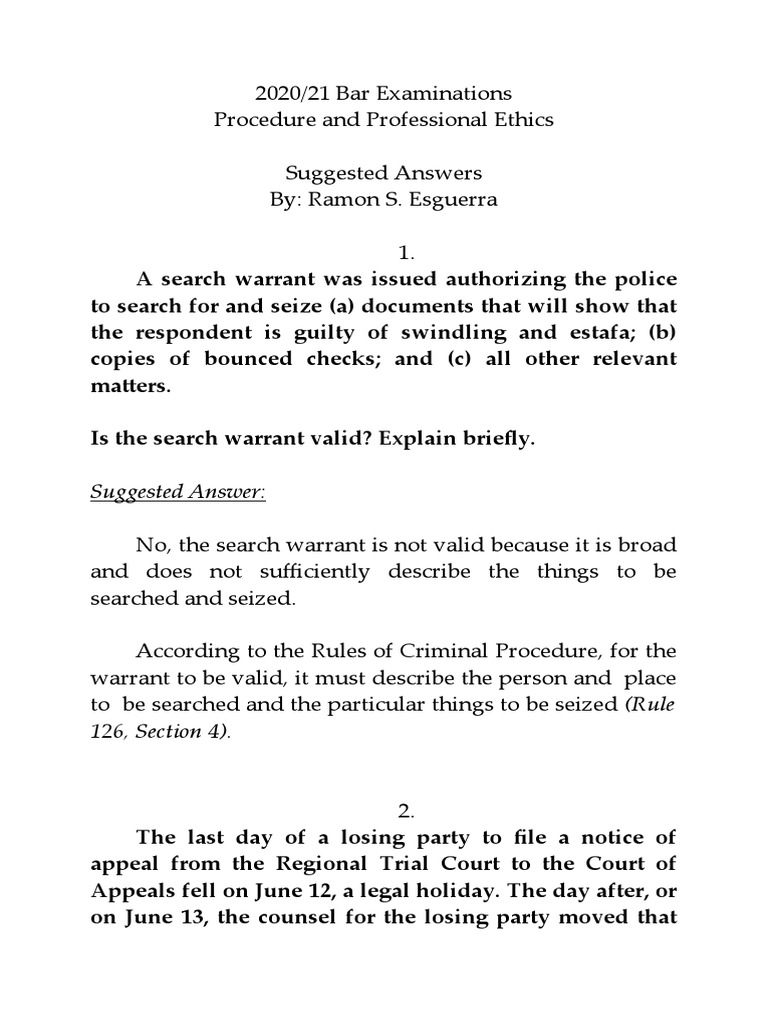 Procedure and Ethics (Suggested Answers) - RSE | PDF | Annulment | Lawyer