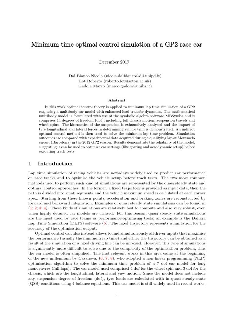 Minimum Time Optimal Control Simulation of A GP2 Race Car | PDF ...