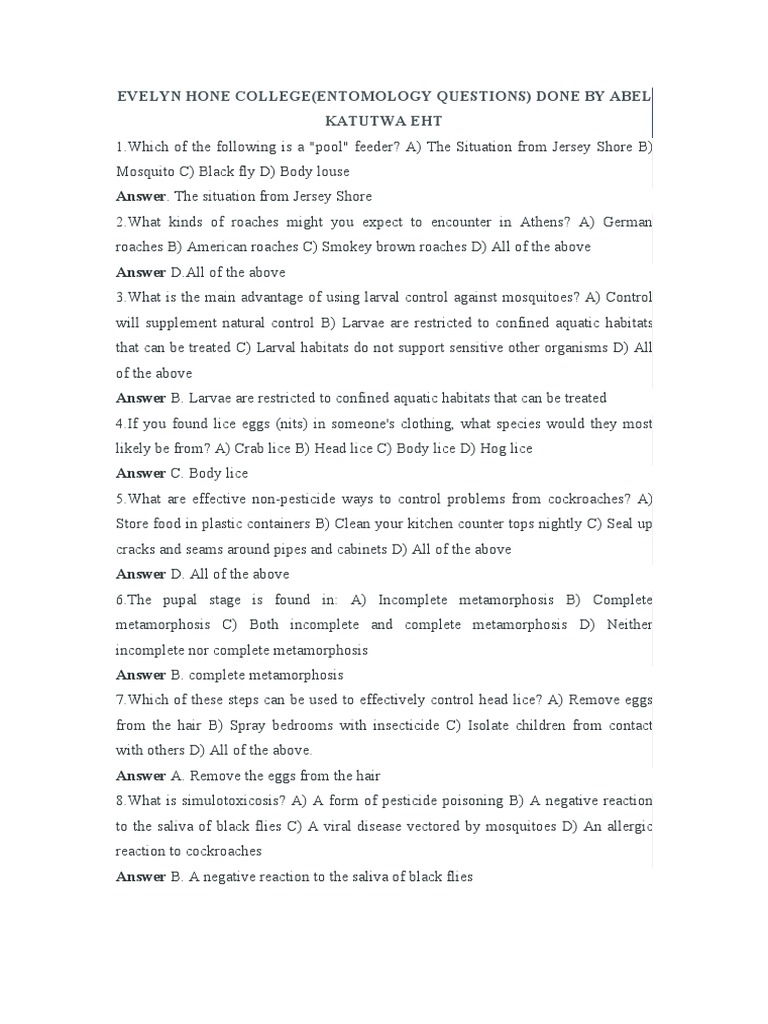 Entomology Questions | PDF | Plasmodium | Mosquito