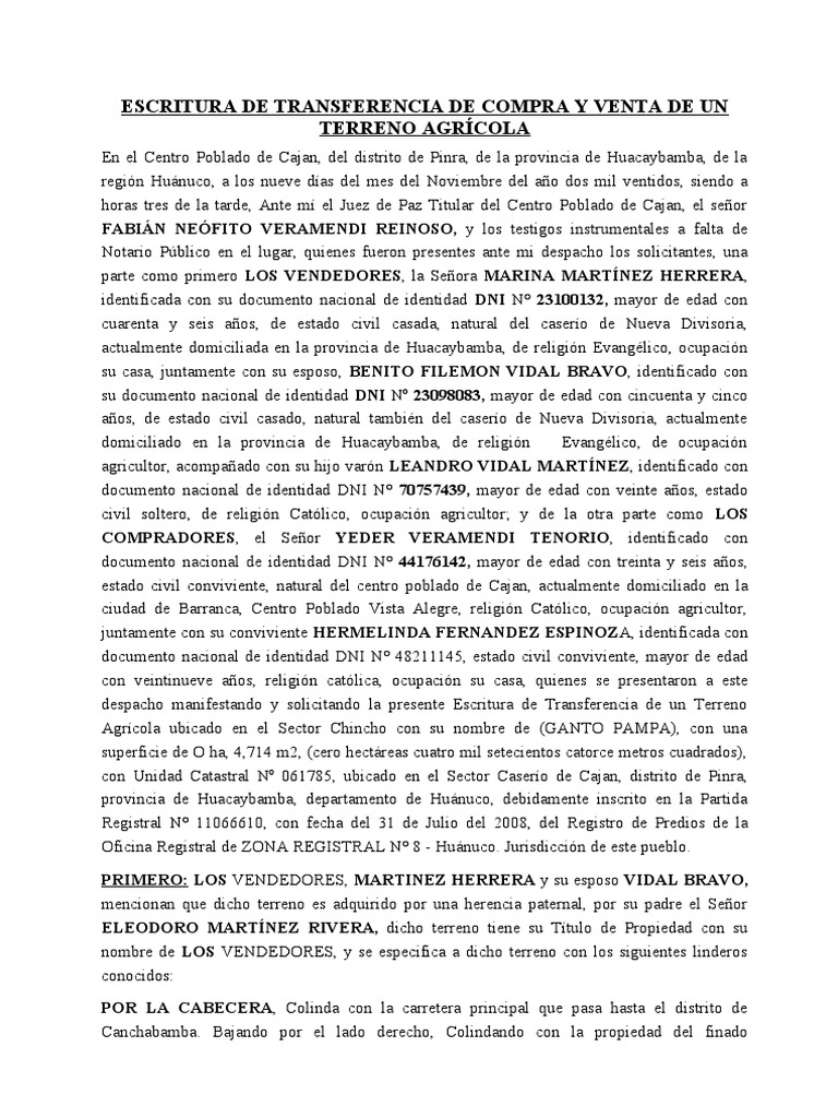 Escritura de Transferencia de Compra y Venta de Un Terreno Agrícola ...