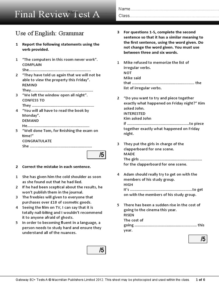 Gateway B2 Final Test A | PDF