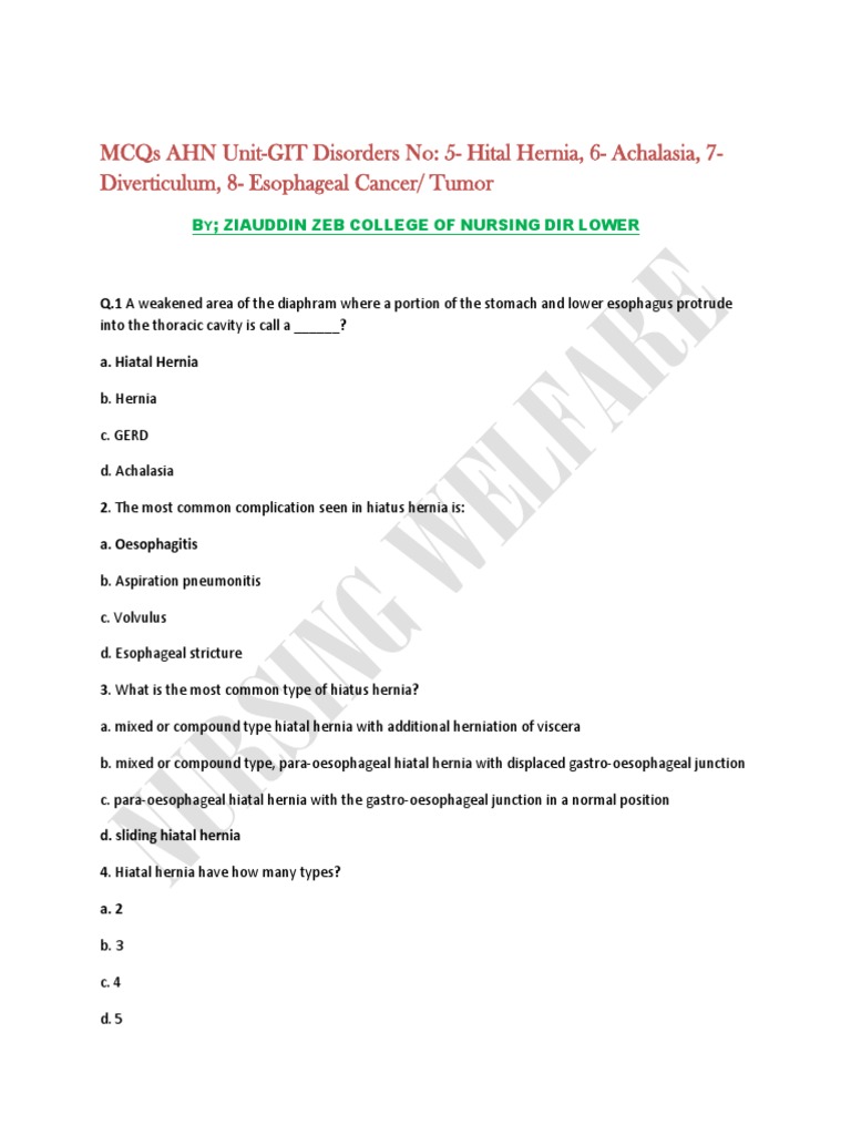 MCQs AHN Unit-1 Hital Hernia, Achalasia, Diverticulum, Esophageal Cancer | PDF | Esophagus ...