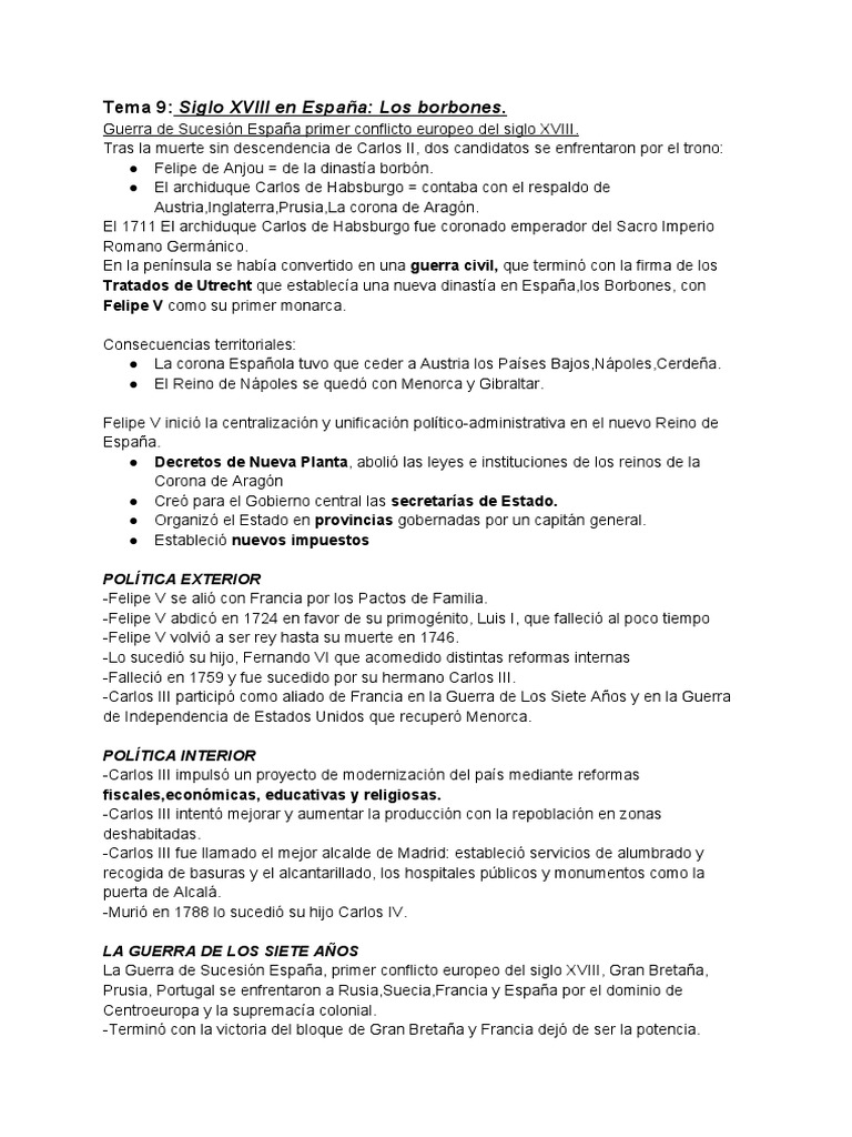 Siglo XVIII en España: Dinastía Borbón | PDF | Imperio español | Primer ...