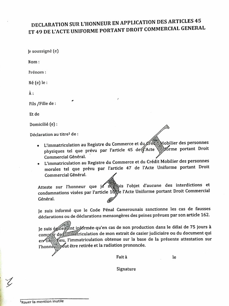 Modèle de Déclaration sur l'Honneur | PDF