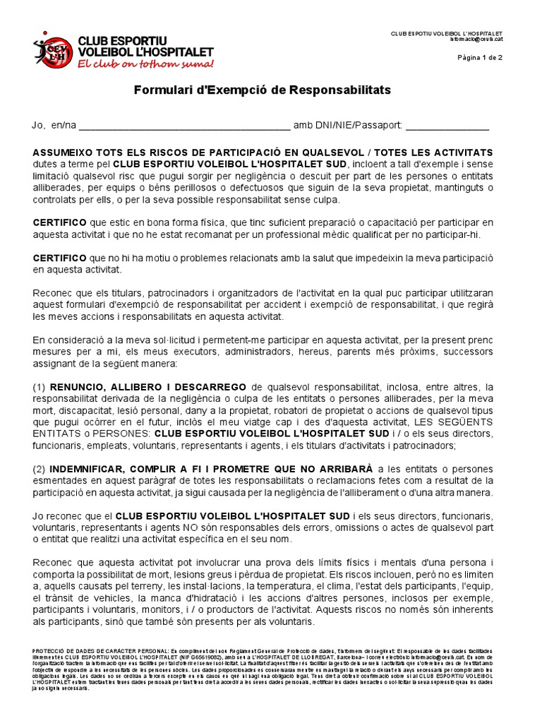 Formulari Exempció de Responsabilitats | PDF