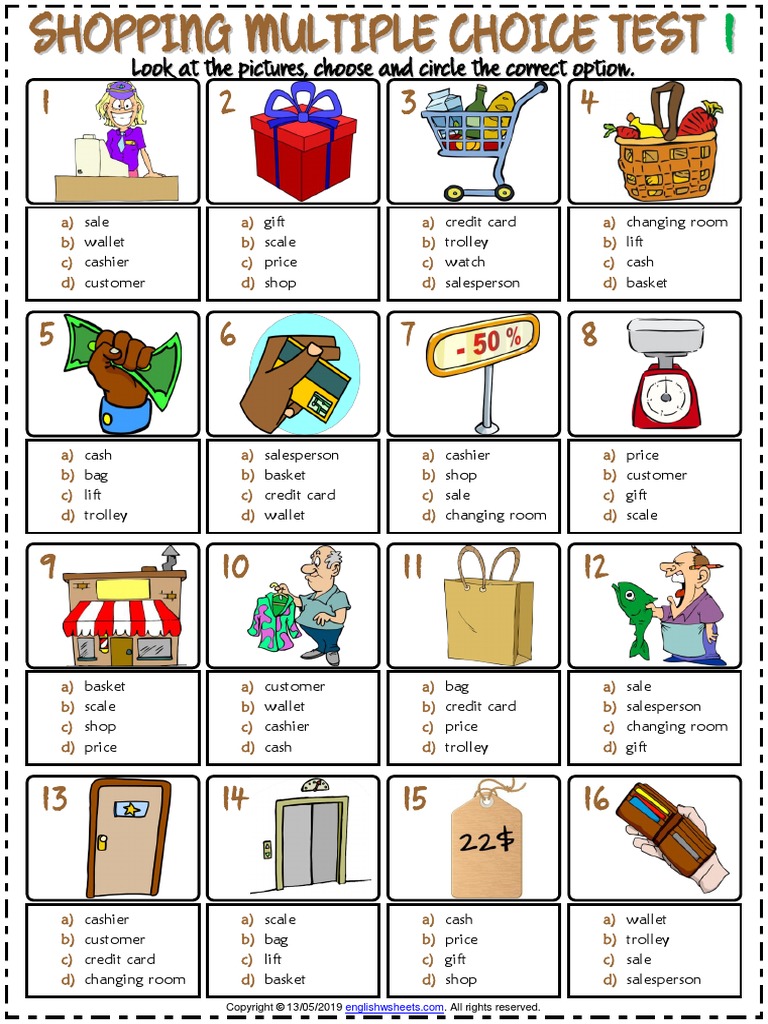 Shopping Vocabulary Esl Multiple Choice Tests For Kids | PDF ...