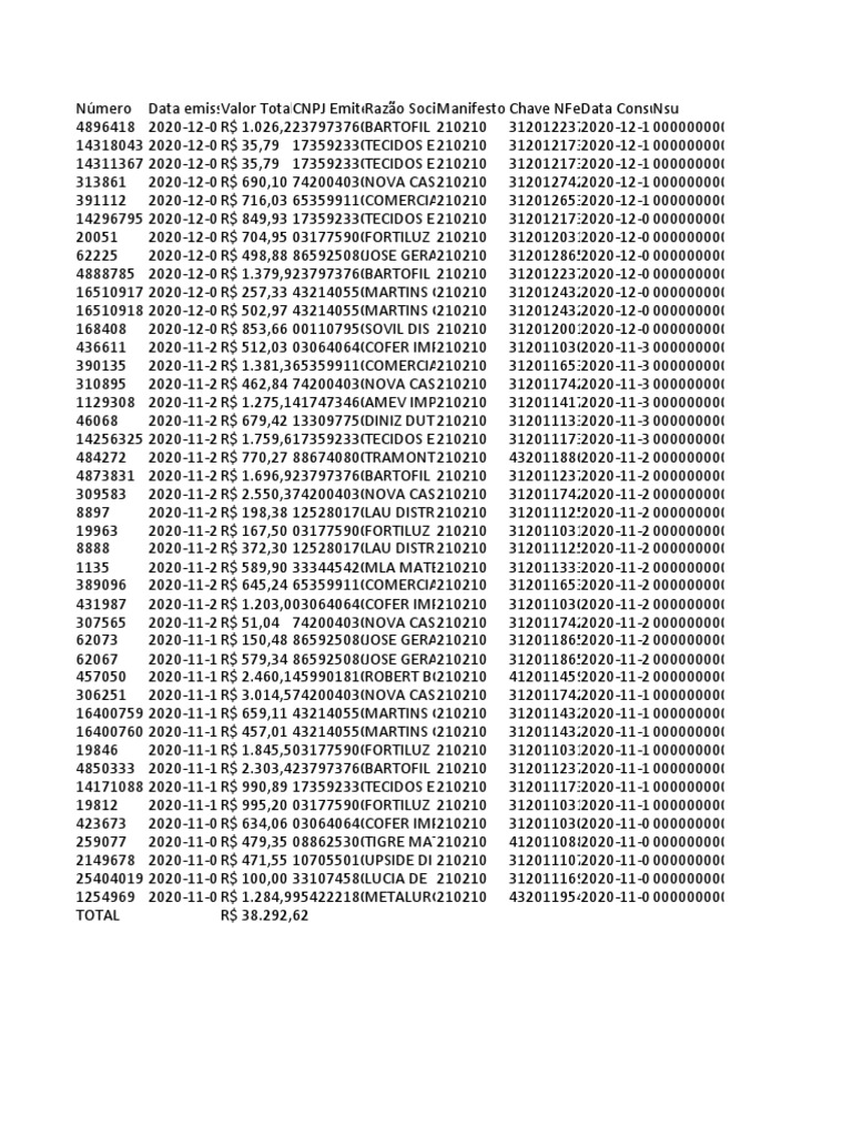 NFe Summary for December 2020 | PDF | Finance & Money Management
