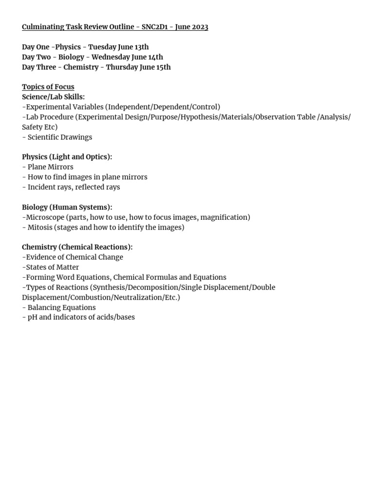 Culminating Task Review Outline - SNC2D1 - 2023 | PDF
