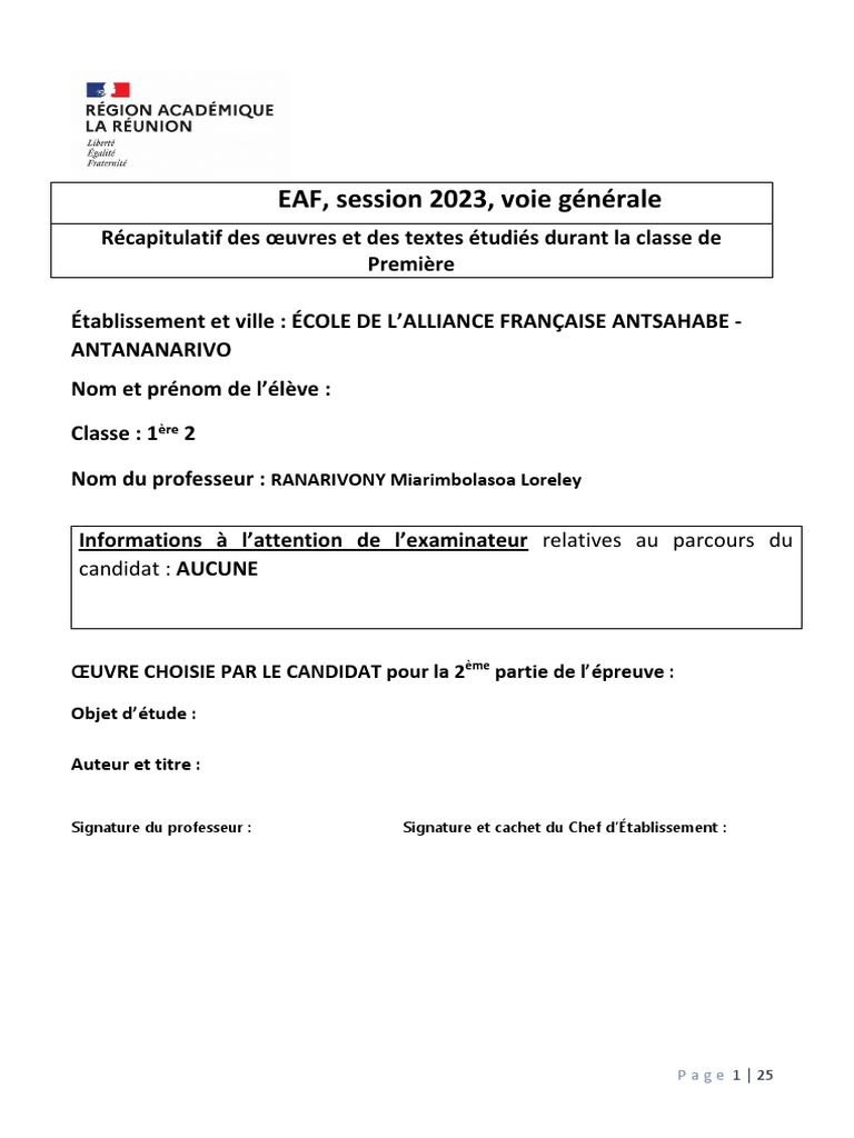 Récapitulatif Eaf Orale 2023 1ère 2 Apeaf | PDF