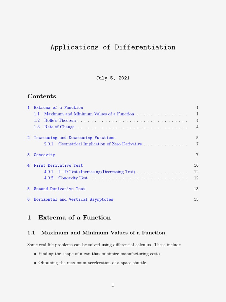 Applications Of Differentiation 1 Pdf Maxima And Minima Tangent