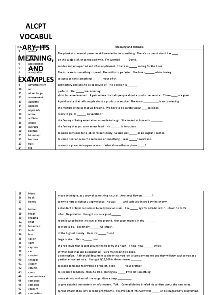 Alcpt Vocabulary, Meanings and Examples | PDF | Heart | Vein