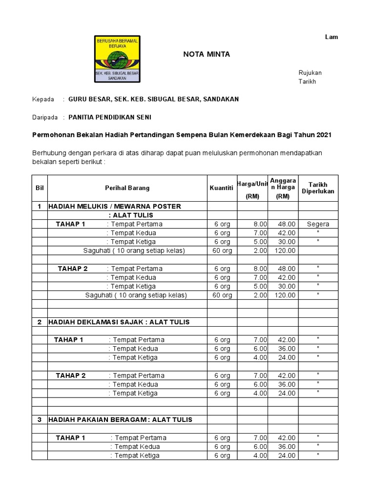 Nota Minta PSV SKSB | PDF