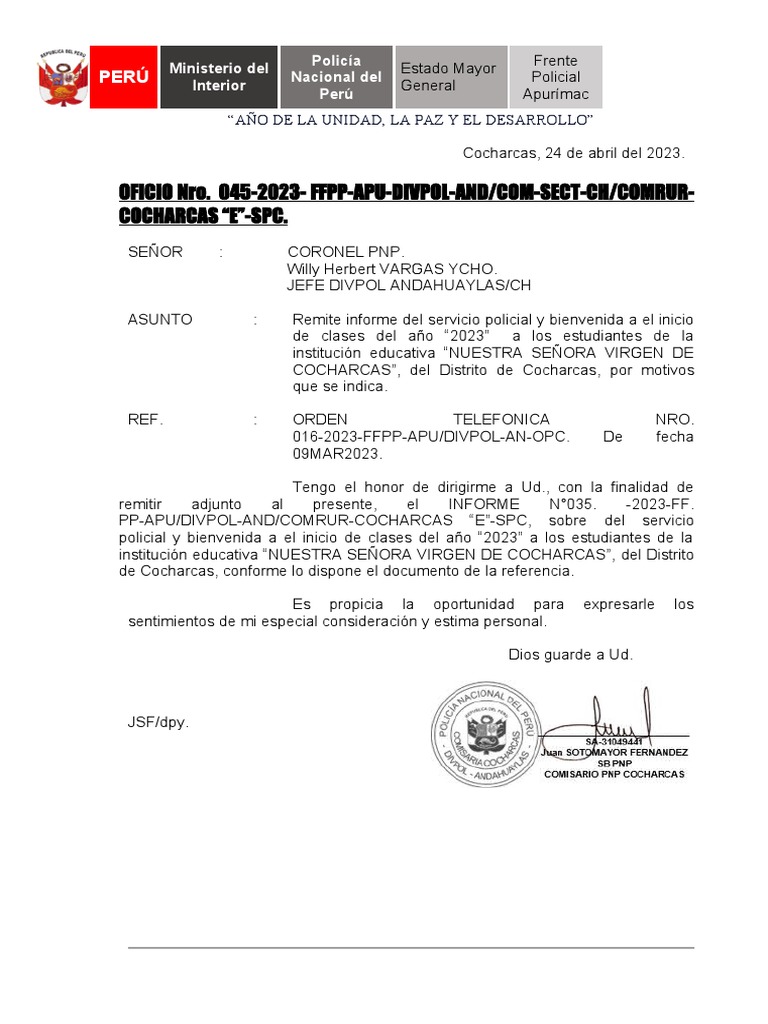 Oficio e Informe Sobre La Bienvenida 24 | PDF | Cumplimiento de la ley | Crimen y violencia