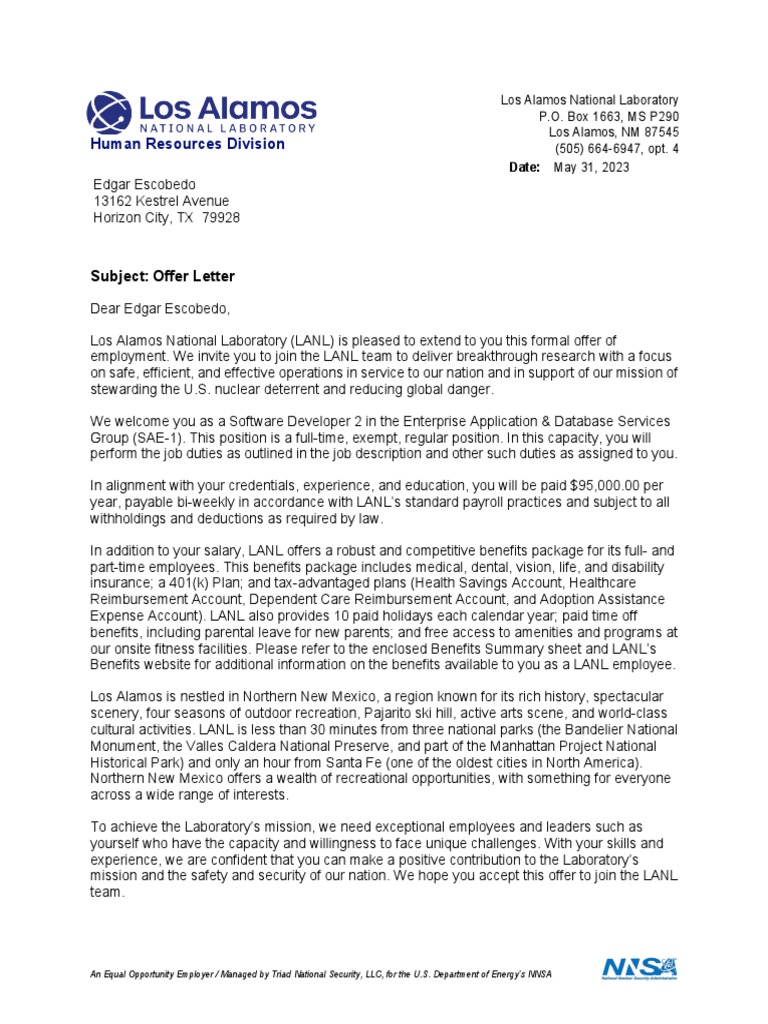 LANL Software Developer Job Offer | PDF | Security Clearance | Arbitration