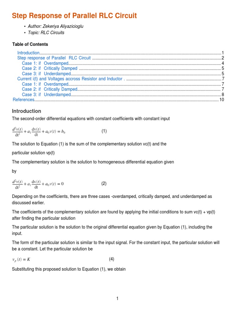 Step Response Parallel RLC Circuits | PDF | Damping | Ordinary Differential Equation