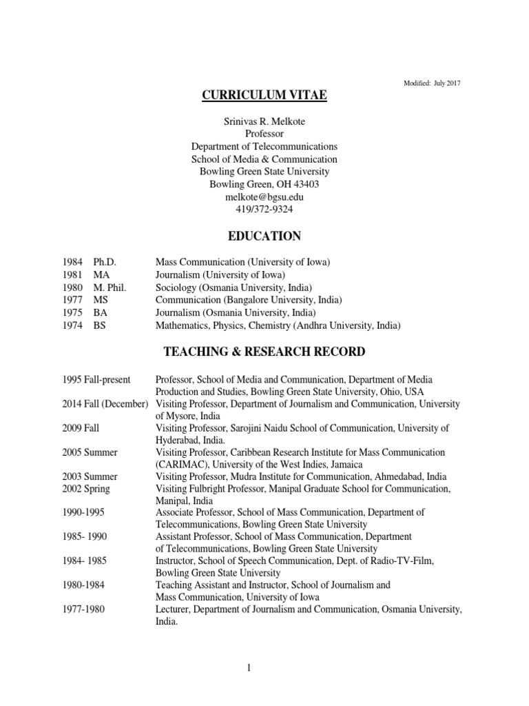 Prof Srinivas Melkote CV | PDF | Communication | Cross Cultural ...